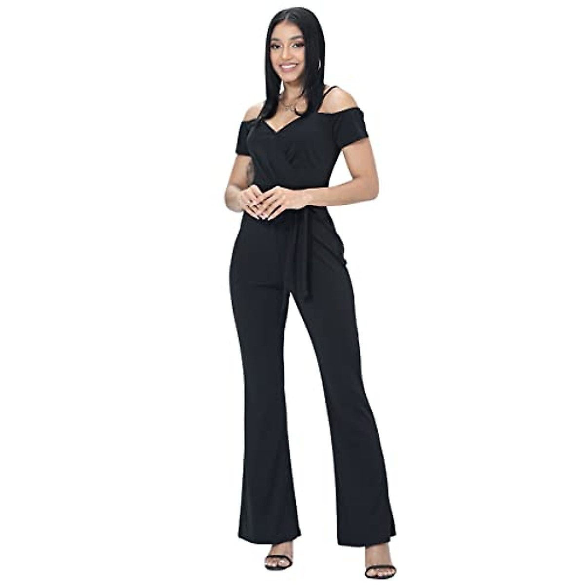 Women's Jumpsuit Elegant Sexy V Neck off Shoulder High Waisted Flared Pants Casual Rompers Party Clubwear with Belt Black 2XL