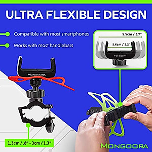 Mongoora Bike & Motorcycle Phone Mount - GPS Cell Phone Holder for Bicycle Handlebar - Easy to Install Bike Accessories Fits iPhone, Galaxy, Android - Stocking Stuffers - 3 Bands (Black, Red, Green)