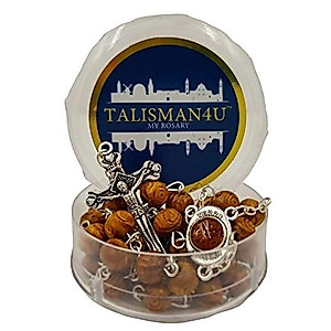 TALISMAN4U CATHOLIC ROSARY NECKLACE Olive Wood Carved Beads With Jerusalem Soil & Cross Crucifix in Gift Box
