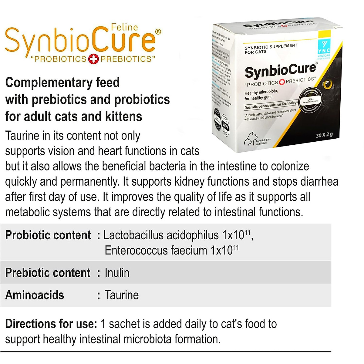 SynbioCure I Probiotics & Prebiotics for Cats I Powder Cat Supplement I Digestive Health Support I 200 Billion Bacteria Per Sachet I 30 Sachets*2 g
