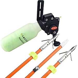 AMEYXGS 12 pcs Bowfishing Arrow and Bowfishing Reel Set Fishing Arrows with Broadheads and Safty Slides for Compound Bow and Recurve Bow Fishing Huntings (Big Orange Arrow+Reel)