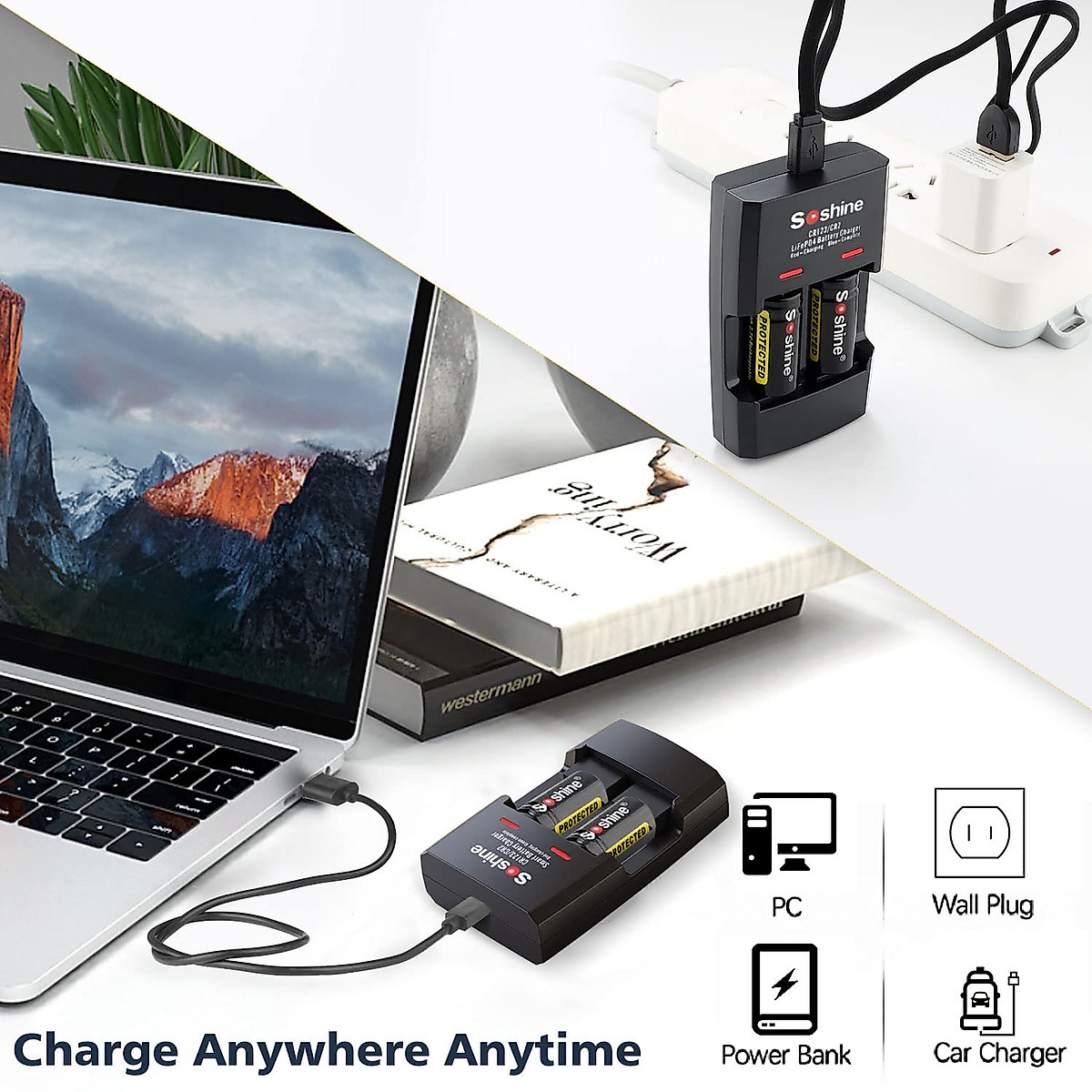 Soshine CR2 RCR123A Battery Charger for RCR123 16340 CR2 15270 LiFePO4 Battery 3V Rechargeable Batteries (Charger)