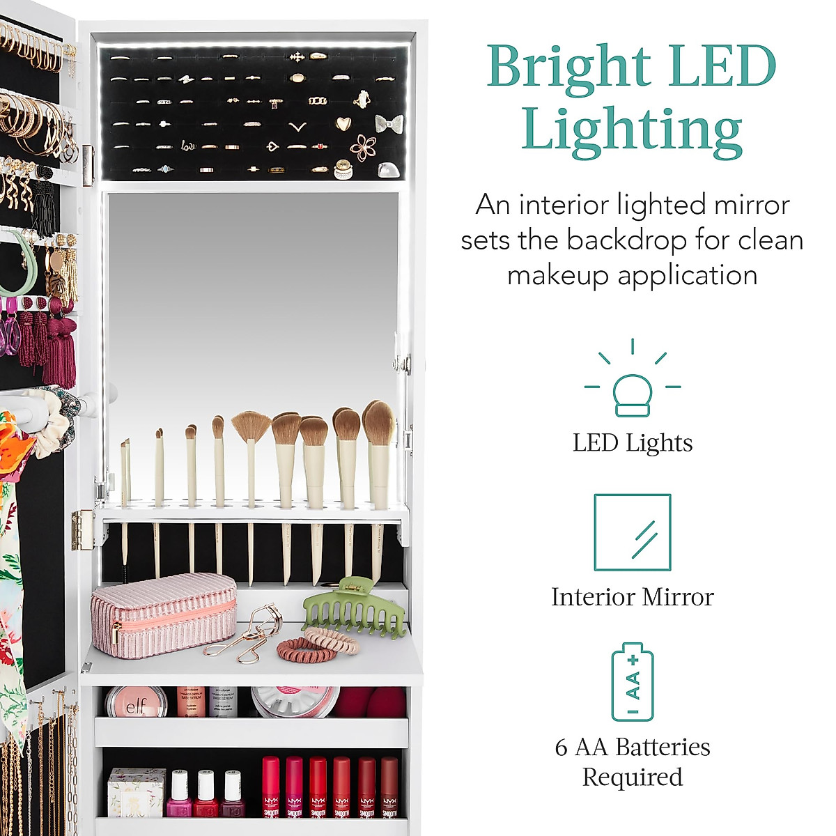 Best Choice Products LED Mirror Jewelry Cabinet, Tall Lockable Wall or Door Mounted Jewelry Armoire Organizer with Mirror, 2 Drawers, Lock, Cosmetic Tray, Shelves - White