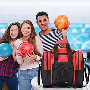 DAFISKY Bowling Ball Bag for Single Ball - Bowling Ball Tote Bag with Padded Ball Holder, 2 Pockets fit Bowling Shoes Up to Mens Size 14 and Accessories(Red)