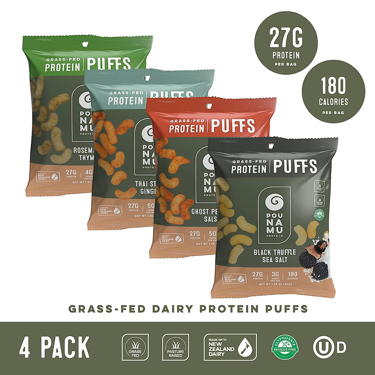 Pounamu Protein Puffs | Sample, Variety Pack | 27g Grass-Fed, Free-Range New Zealand Dairy Protein and 180 calories per bag | Delicious gourmet flavors | 1.48 Ounce (42g) x 4 pack