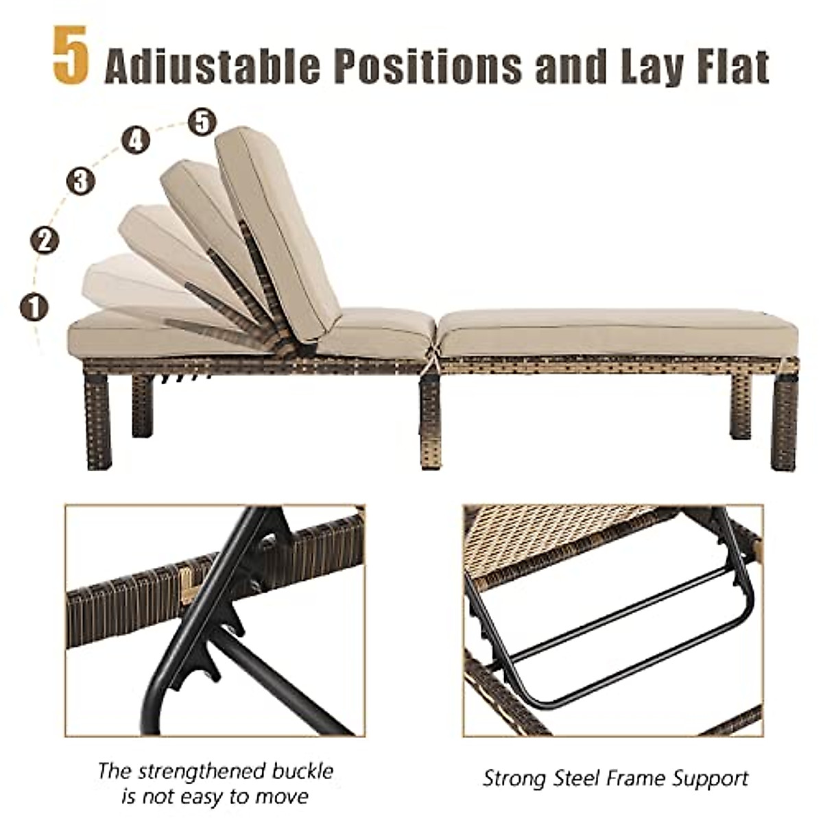 Haverchair Patio Rattan Chaise Lounge Chairs Adjustable Outdoor Lounge Chair Recliner PE Wicker Furniture with Cushion for Deck, Poolside, Backyard (2)