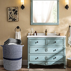 INDRESSME Large Cotton Rope Storage Basket Baby Laundry Basket Woven Baskets Blanket Basket with Handle for Diaper Toy Off White Home Decor 14.2'' x 13.4'' x 16.2'', Navy