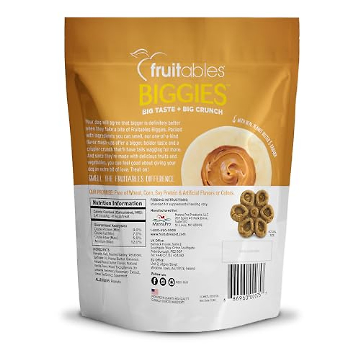 Fruitables Biggies Dog Biscuits – Crunchy Dog Biscuits Made with Pumpkin – Healthy Dog Treats Packed with Real Fruit Flavor – Free of Wheat, Corn and Soy – Peanut Butter & Banana – 16 oz