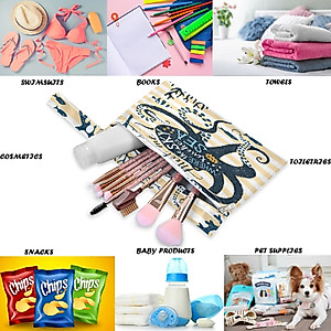 visesunny Octopus Fish Stripe 2Pcs Wet Bag with Zippered Pockets Washable Reusable Roomy for Travel,Beach,Pool,Daycare,Stroller,Diapers,Dirty Gym Clothes, Wet Swimsuits, Toiletries