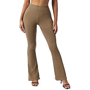 MOOSLOVER Women Ribbed Bootcut Yoga Pants High Waisted Flare Bootleg Workout Leggings(M,#1 Dark Coffee)