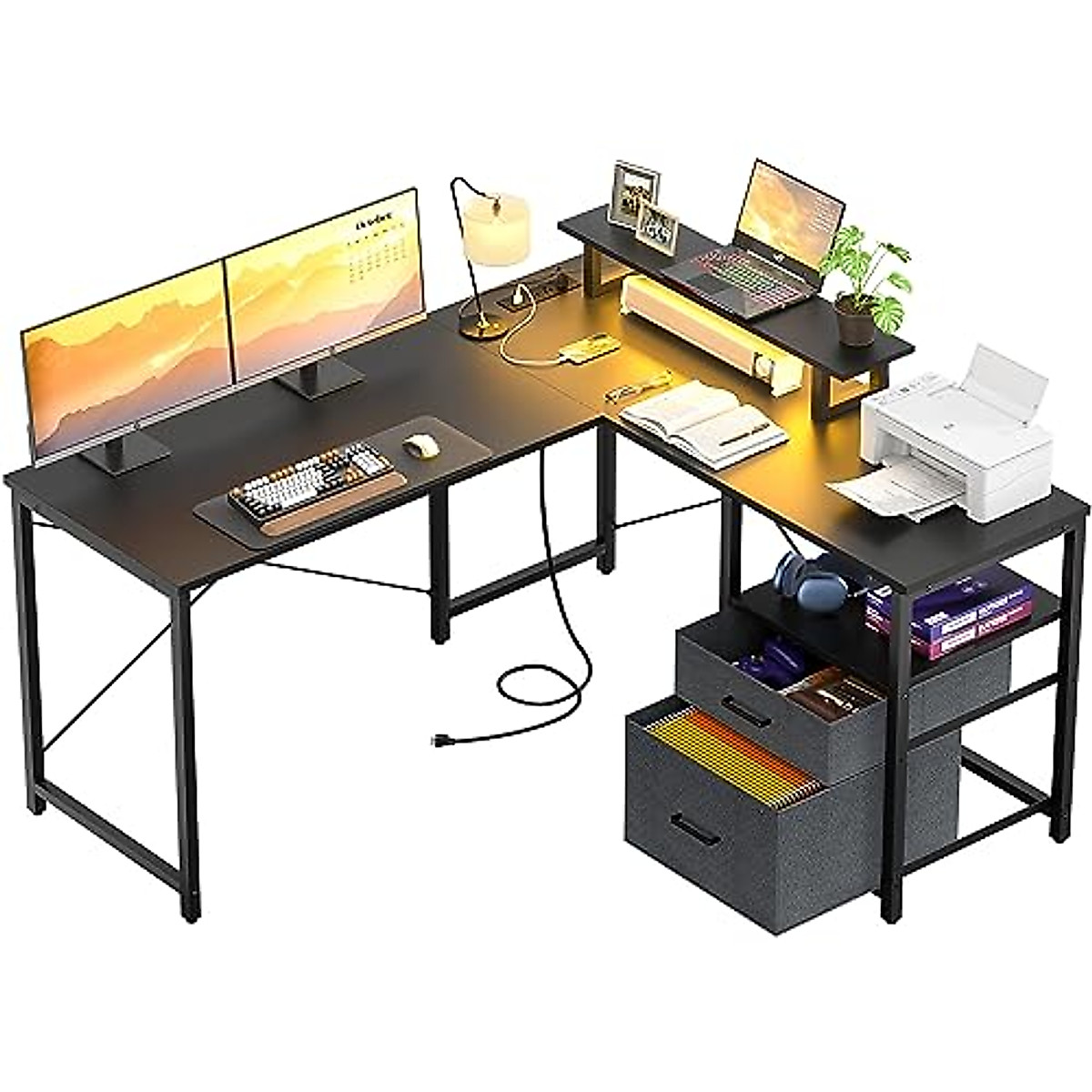 Homieasy L Shaped Computer Desk with Storage File Drawer, Reversible Home Office Desk with Recessed Power Strip and Led Strip, Corner Gaming Desk Work Study Table with Monitor Stand, Black