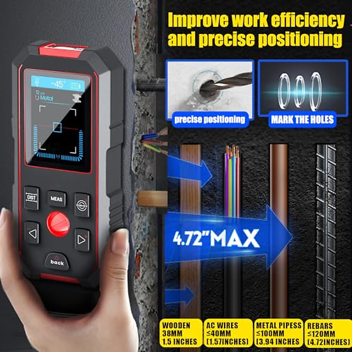 NOYAFA NF-518S Wall Scanner Stud Sensor 3IN1 Stud Detector Beam Detector Laser Rangefinder Digital Level Meter Tape Measure for Metal, Wood, Joists, AC Cord Rechargeable, Voice Annunciation