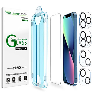 amFilm Screen Protector OneTouch Compatible with iPhone 13, iPhone 13 Pro (6.1", 2021) Tempered Glass and Camera Lens Protector, Edge to Edge Full Coverage Easy Installation Kit, Plastic, 2+2 Pack