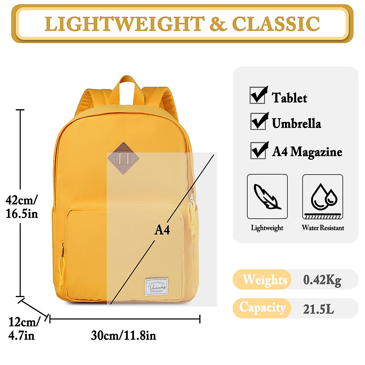 VASCHY School Backpack, Ultra Lightweight Backpack for Women Bookbag for Kids Teen Boys Girls Yellow