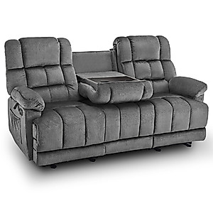 MCombo Power Reclining Sofa with Drop Down Table, Heat and Vibration, USB Ports, 3 Seat Dual Recliner Couch for Living Room RS6236 (Grey)
