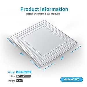 Art3d PVC Ceiling Tiles, 2'x2' Plastic Sheet in White (12-Pack)