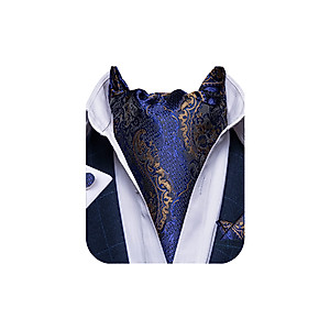 DiBanGu Navy Blue Ascot Ties for Men Floral Cravat for Men 100% Silk Woven Mens Cravat Tie and Pocket Square Set