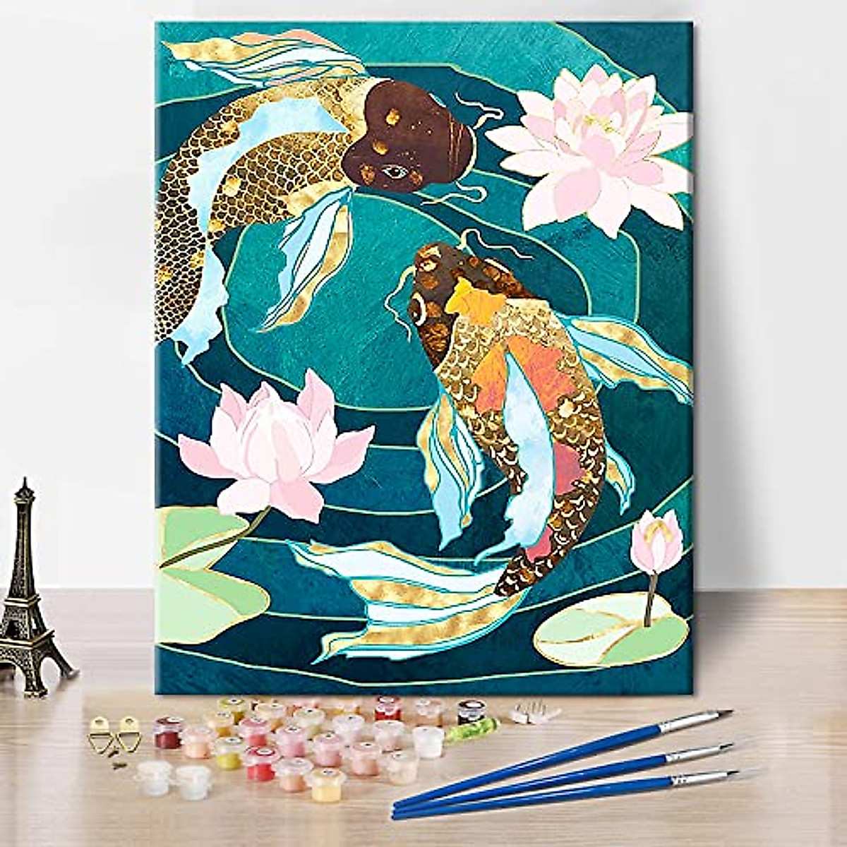TISHIRON DIY Oil Painting Abstract Koi Paint by Numbers Lotus Kits for Adults Trippy Gold Fish Adult Number Animal on Canvas Wall Decor Living Room, - 16''x20''