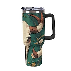 FZQVSGW Bull Skull 40 Oz Tumbler with Handle And Straw Stainless Steel Vacuum Insulated Tumblers Reusable Keep Drinks Cold Coffee Cup Holder Friendly Gifts for Women Men Car Gym Travel