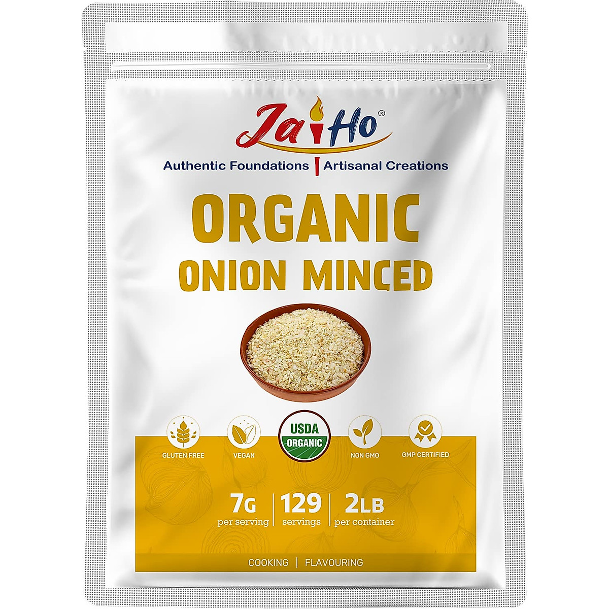Jai Ho Certified Organic Gluten Free, Vegan, Non-GMO - Resealable Zip Lock Pouch (Onion Minced)