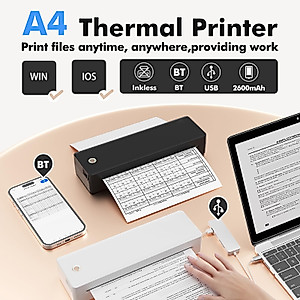 A4 Portable Thermal Printer Wireless BT & USB Connect with Mobile Computer 57mm/80mm/110mm/210mm2in/3in/4in/8in) Inkless Printing PDF File Webpage Contract Documents Picture Comes with 1pc Thermal