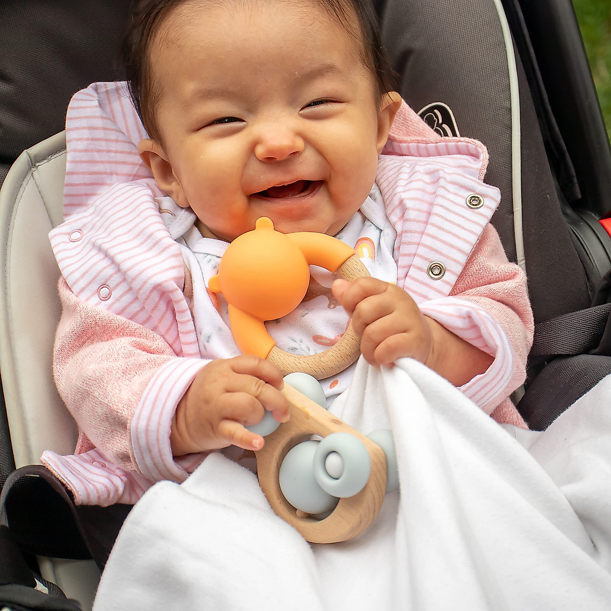 Wooden Baby Teething Toys Set of 2 (Car & Ring Shaker) - Food Grade Teether Ring and Rattle with Push Along Organic Car for Teething Relief and Endless Fun