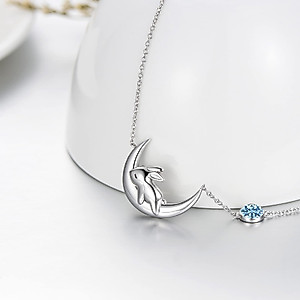 PEIMKO Sterling Silver Bunny on the Moon Necklace for Women, Simulated Birthstone Pendant Necklaces, March Birthday Gift for Women