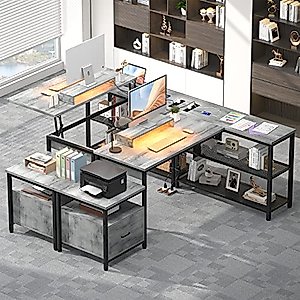 Aheaplus L Shaped Desk with Power Outlet, Standing Home Office Desk with Lift Top and File Drawer, 63'' Corner Computer Desk with Monitor Stand&Printer Shelves, Gaming Desk with Led Lights, White Oak