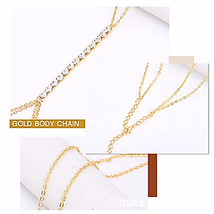 Tgirls Layered Rhinestone Body Chain Sexy Gold Body Belly Chain Beach Body Jewelry Party for Women and Girls