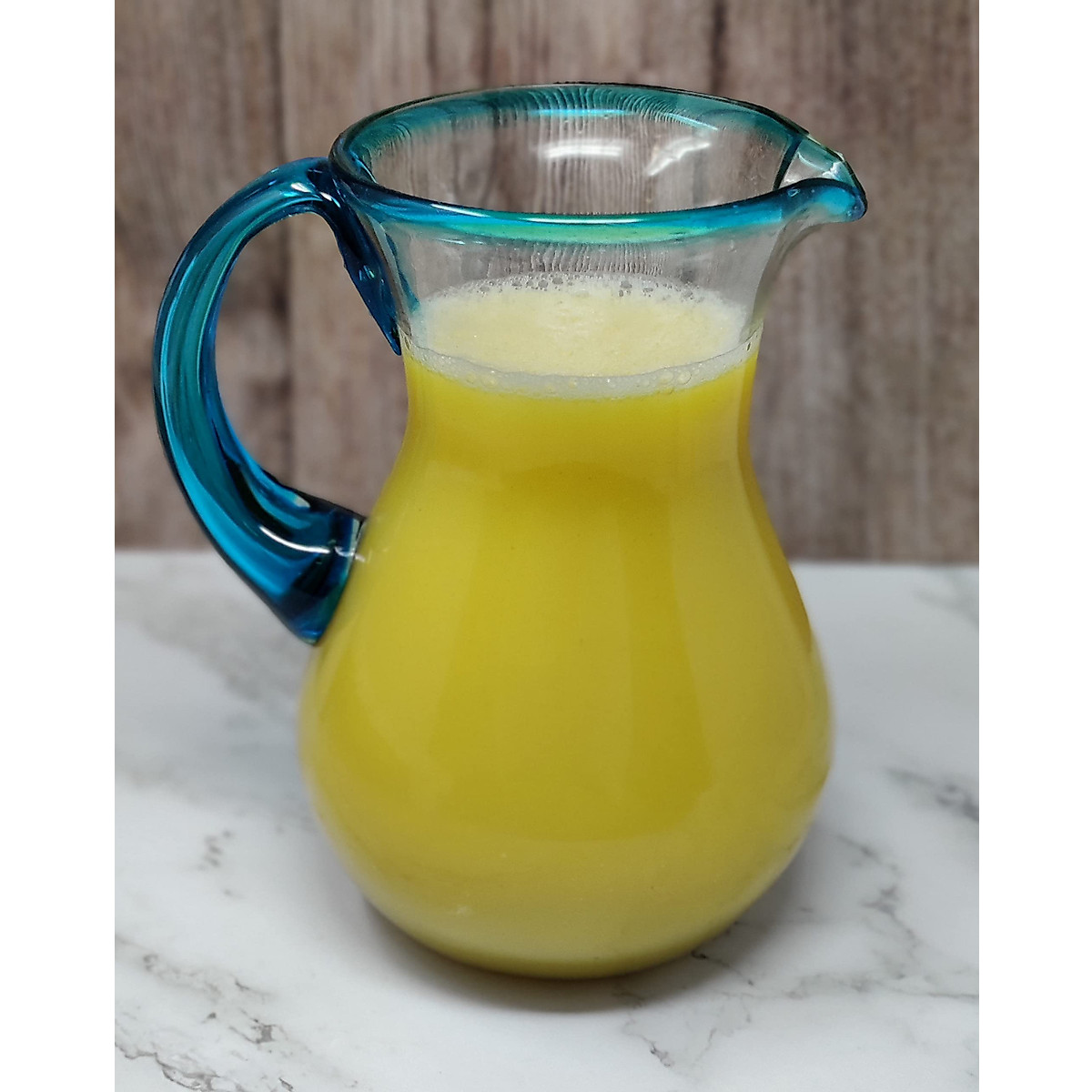 Mexican Hand Blown Glass Pitcher – Aqua Rim and Handle (84 oz)