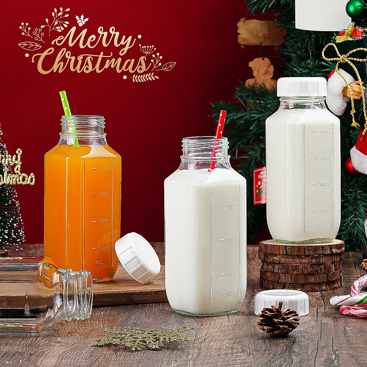 6 Pack 16 Oz Glass Juice Bottles w Pour Spout, 100% Airtight Heavy Duty SCREW Lid- Reusable Glass Milk Bottles w Capacity Mark, Square Drinking Jar Juice Container(Extra 2 Lid)