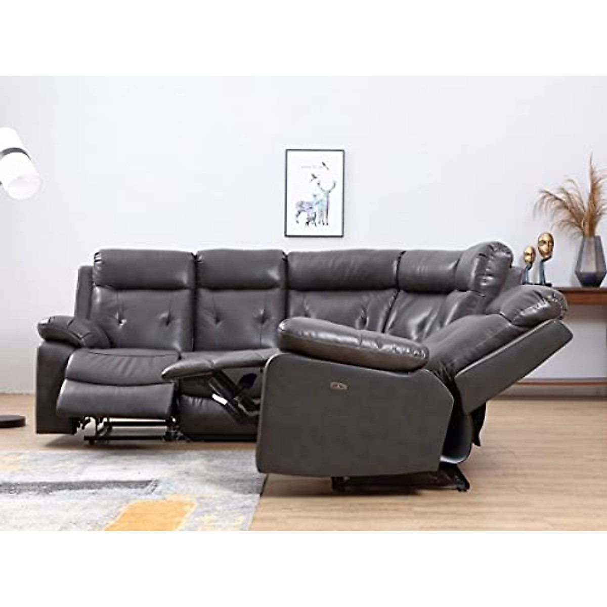 Blackjack Furniture Albany Leather Air Upholstered Living Room Reclining, Power Sectional Sofa, Dark Gray