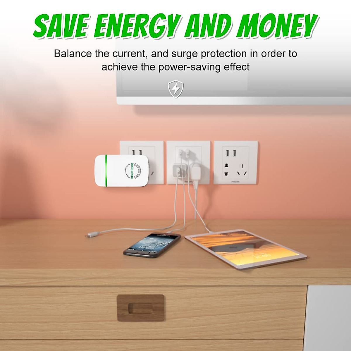 Tuoetp Pro Power Saver, Energy Saving Device, 3-Port Power Strip, Green, Plastic, 90V-250V, 30KW, US Plug, 3 PCS