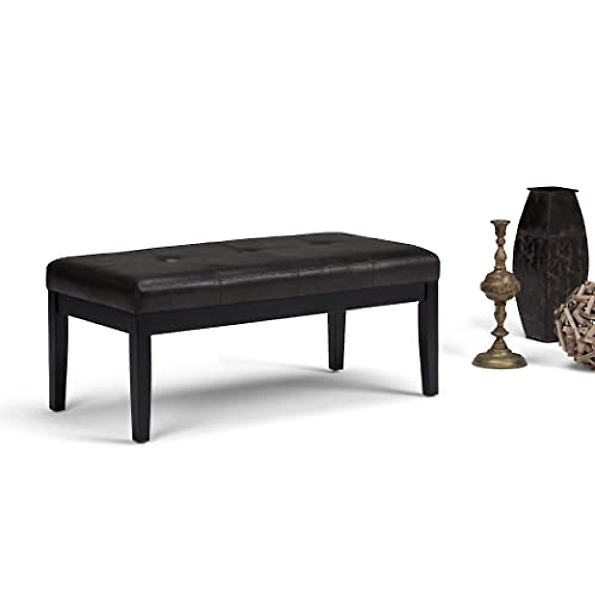 SIMPLIHOME Lacey 43 inch Wide Rectangle Ottoman Bench Distressed Black Tufted Footrest Stool, Faux Leather for Living Room, Bedroom, Contemporary Modern