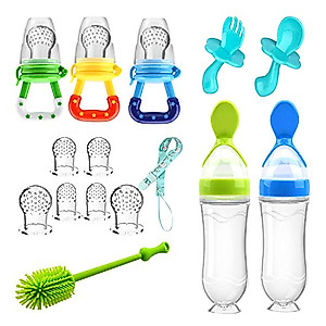 Food Feeder Baby Fruit Feeder Pacifier (3 Pcs) with 6 Different Sized Silicone Pacifiers 2 PCS Silicone Baby Food Dispensing Spoon 90ML with 2 Baby Spoons Silicone Bottle Brush Pacifier Clip