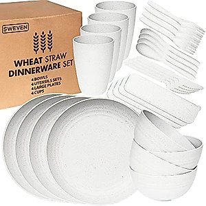 Wheat Straw Dinnerware Sets | Unbreakable Dinnerware Sets | Dishwasher Microwave Safe Dinnerware | Eco Friendly Non Breakable Dinnerware Sets | RV Outdoor Camping (White, Service for 4 (28 pcs))
