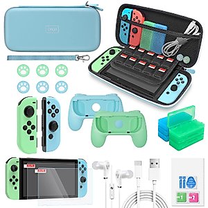 Switch Accessories Bundle for Animal Crossing - 26 in 1 Accessories Kit with Carrying Case, Screen Protector, Handle Grips,Steering Wheel,Thumb Caps,Type-C Cable Compatible with Nintendo Switch, Blue
