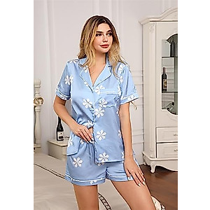 KINA FANG Women’s silk satin pajamas short sleeve loungwear button down sleepwear PJ Set L
