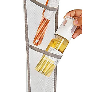 Home-X Hanging Mesh Organizer with Six Pockets, Shower Caddy with Hook and Loop Hanger for Shower Rod, 58" L x 7" W, White/Gray