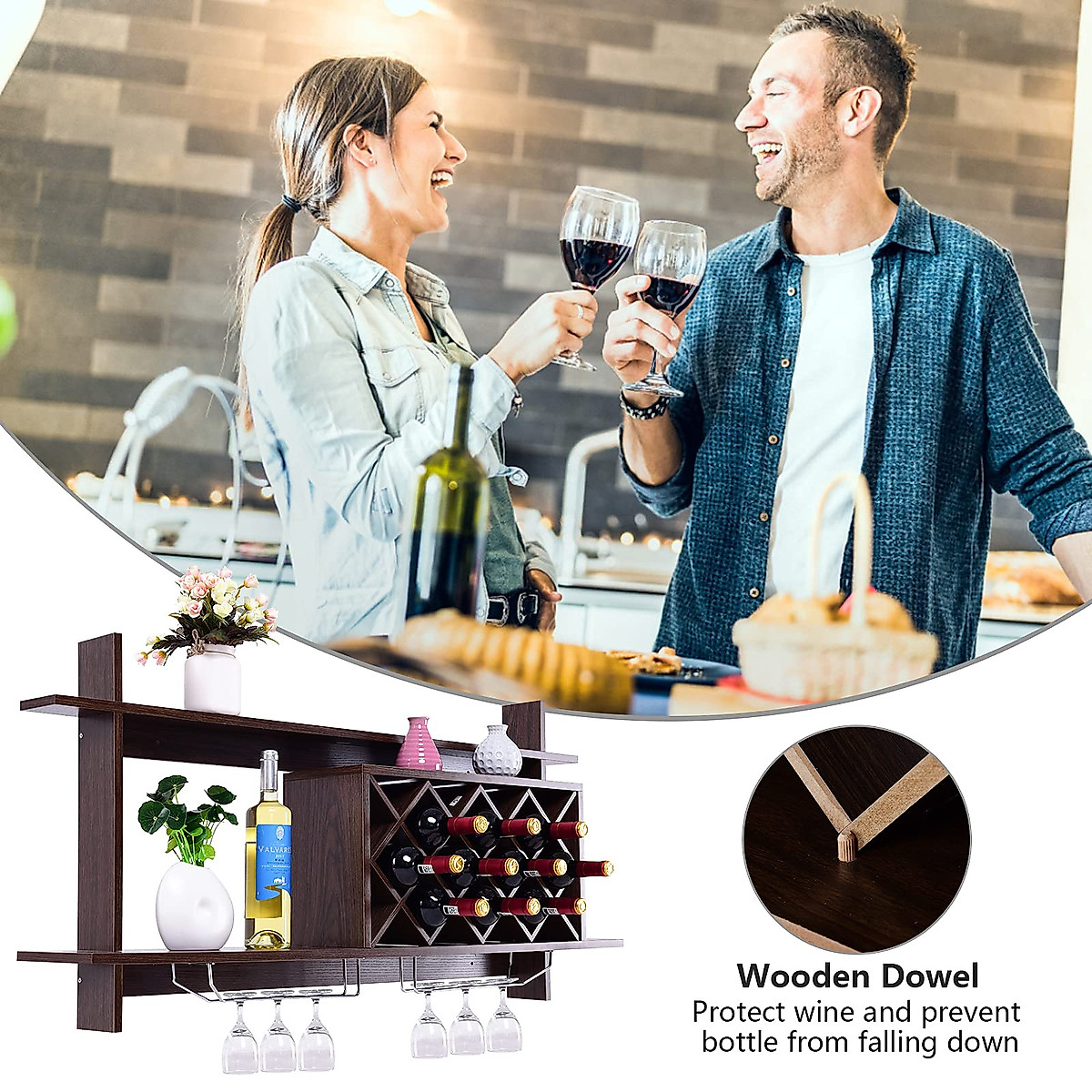 Giantex Wall Mounted Wine Rack Organizer W/Metal Glass Holder & Multifunctional Storage Shelf Modern Diamond-Shaped Wood Wine Server for 10 Bottles Wine Storage Display Rack (Black Walnut)