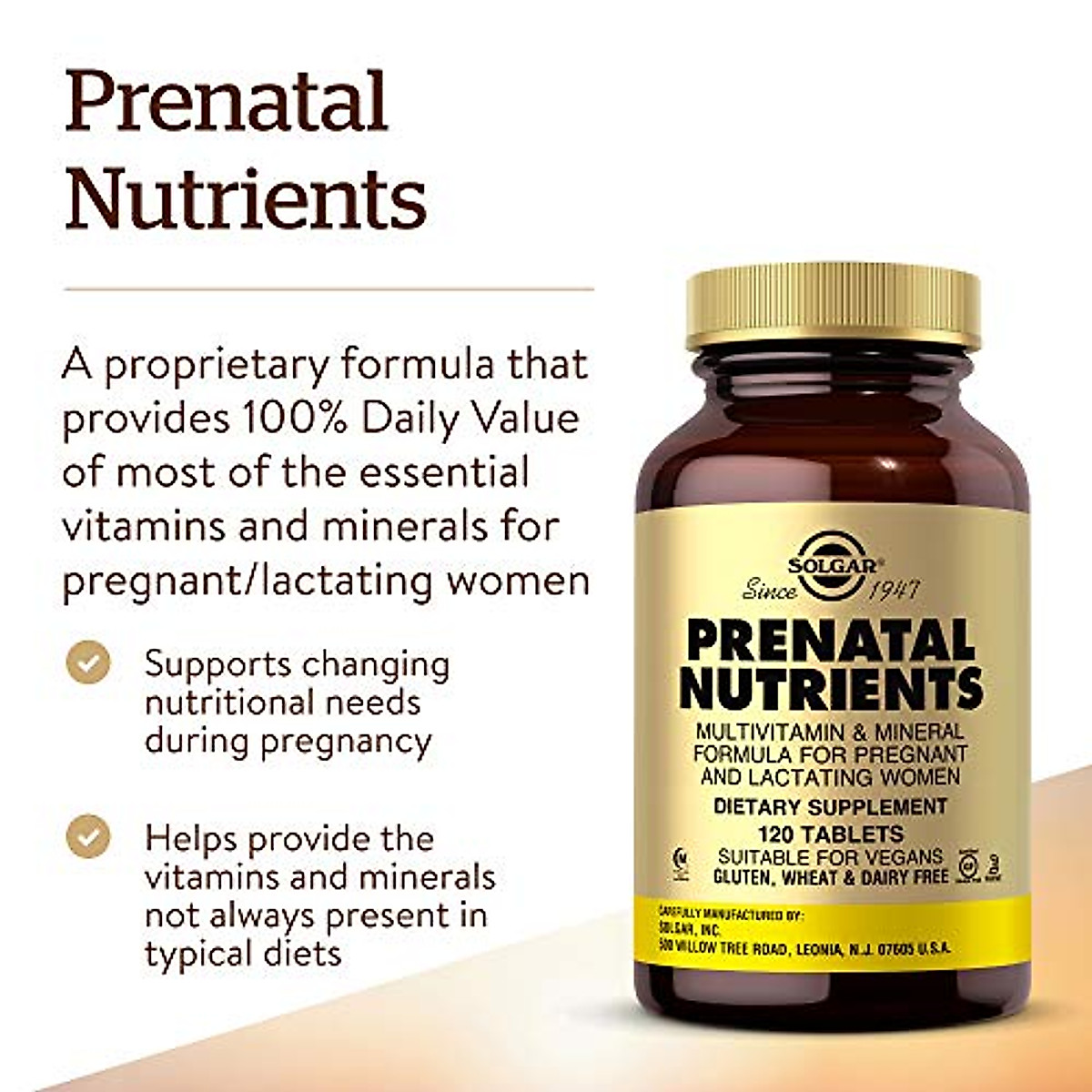 Solgar Prenatal Nutrients, 120 Tablets - Multivitamin & Mineral Formula for Pregnant & Lactating Women - Contains Zinc, Calcium Iron, Folic Acid, Vitamins C & E - Vegan, Gluten Free - 30 Servings
