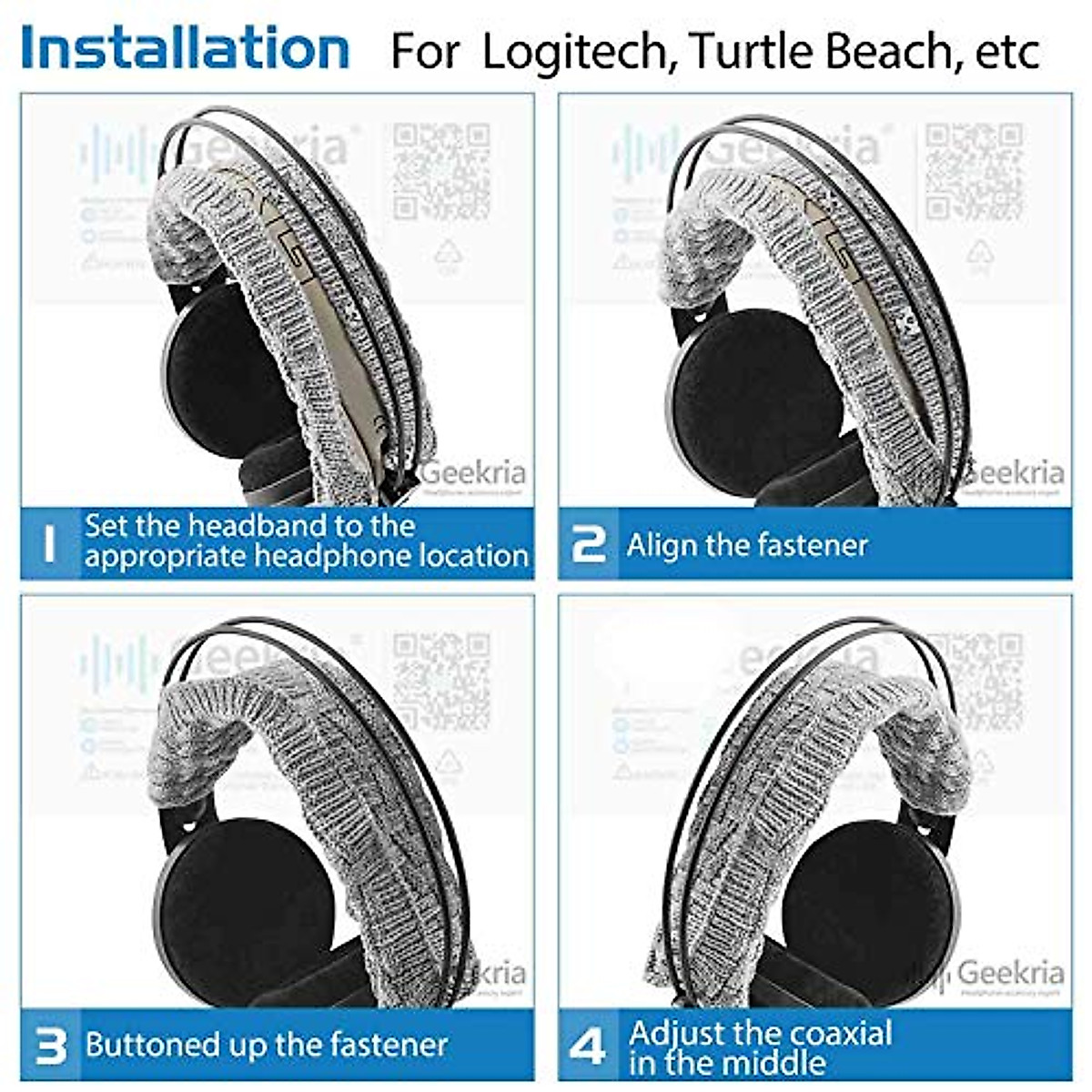 Geekria Knit Fabric Headband Pad Compatible with Logitech, Turtle Beach, Panasonic, AKG, Sennheiser, Sony Headphones, Head Cushion Pad Protector, Replacement Repair Part, Sweat Cover (Grey)