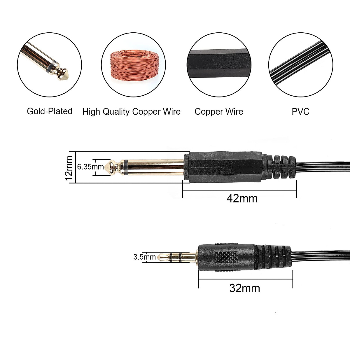PNGKNYOCN 3.5mm TRS to 1/4 inch TS Cable，6.35mm (1/4 inch) Mono to 3.5mm (1/8 inch) TRS Stereo Interconnect Audio Coiled Cable for Headphone,Amp etc.
