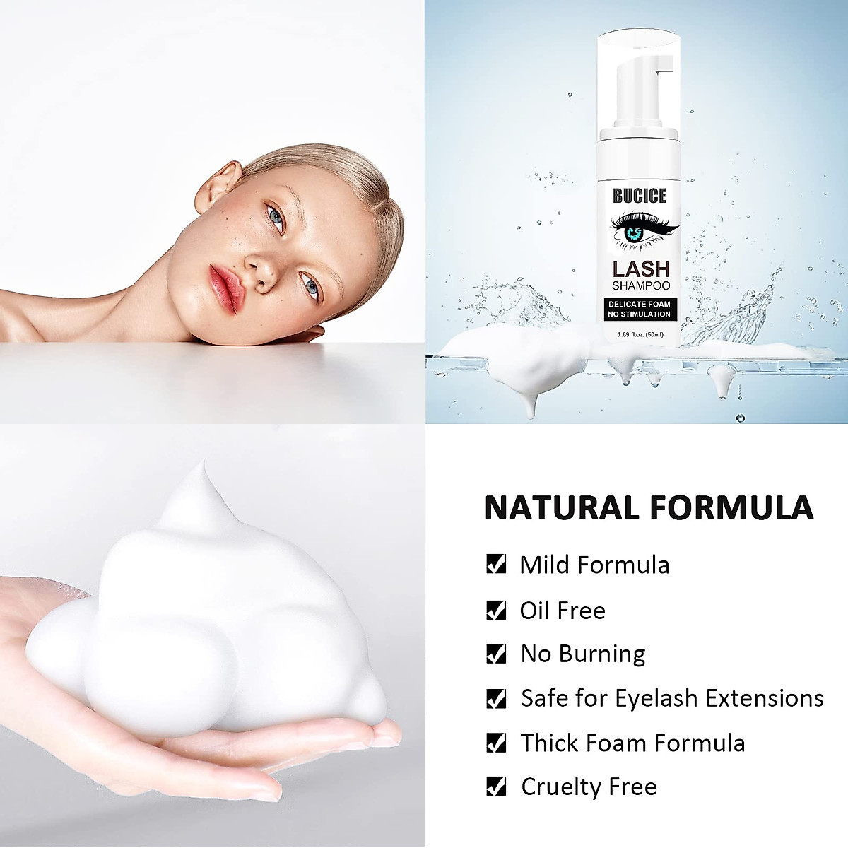 BUCICE Eyelash Extension Kit, 50ml Lash Shampoo Lash Mousse for Eyelash Extensions Cleanser, Lash Fan USB Handheld Air Conditioning Blower Fan, with Mascara Brushes Nose Brushes and Wash Bottle Set