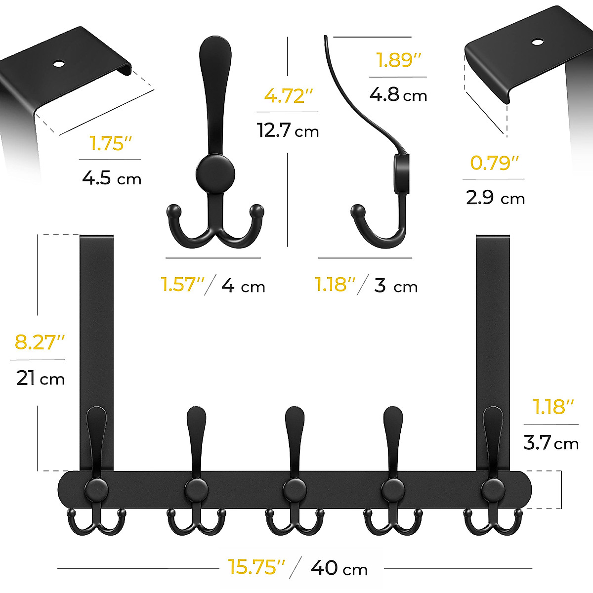 SAYONEYES Matte Black Over The Door Hooks - Heavy Duty Stainless Steel Door Hanger Holder with 5 Tri Hooks for Hanging Coat Robe Hat Bag Towel Rack Bathroom, Bedroom, Closet – 1 Pack