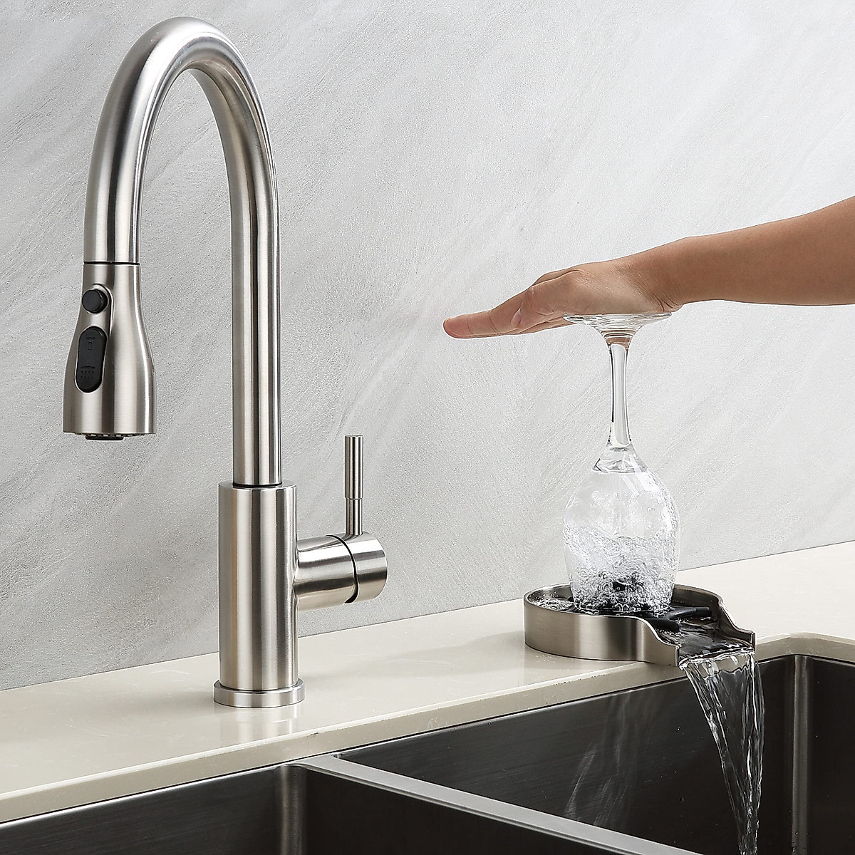 2023 Newest Metal Glass Rinser for Kitchen Sink - 360° Rotary Cup Washer, Faucet Cup Rinser Cleaner Kitchen Sink Bottle Washer for Bar, Brushed Nickel