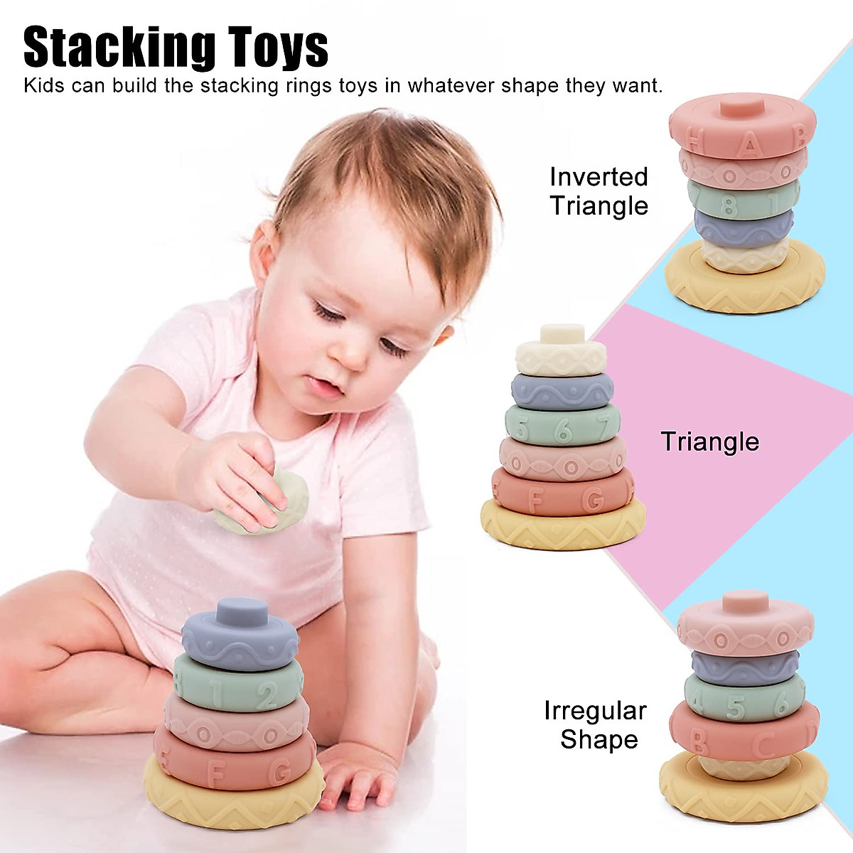 MARUMINE 6PCS Stacking Cricle Toys, Nesting & Building Rings Stacker, Soft Silicone Squeeze Teethers Play Set, Early Educational Learning Stacking Tower for 6+ Months Baby Boys Girls