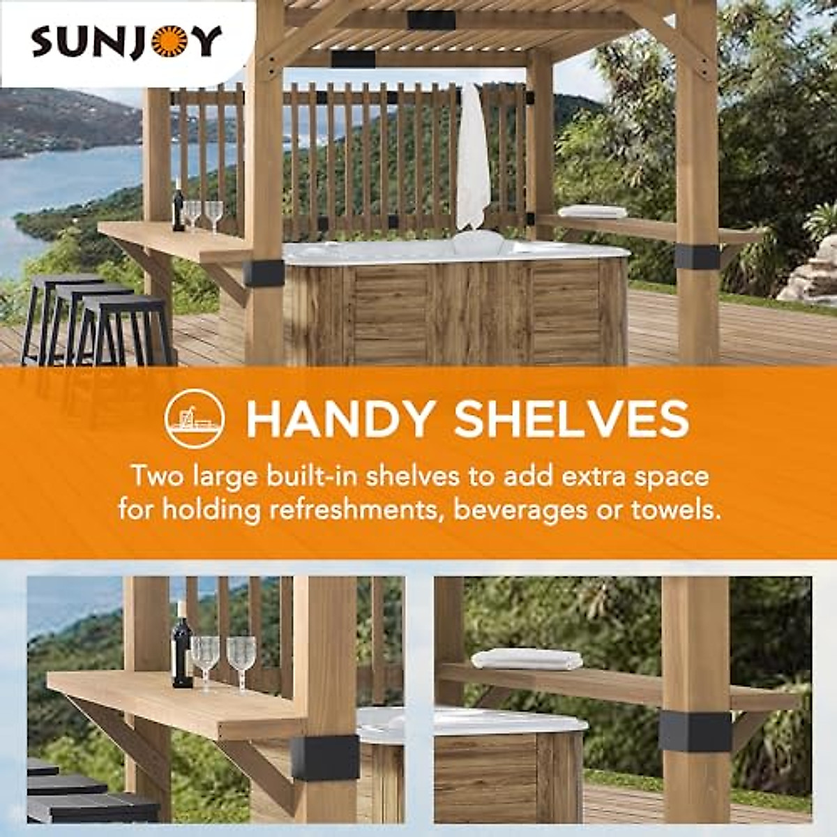 Sunjoy Wooden Grill Gazebo 10 ft. x 11 ft. Outdoor Cedar Frame BBQ Pergola for Backyard and Hot Tub With Privacy Screen and Large Bar Shelves