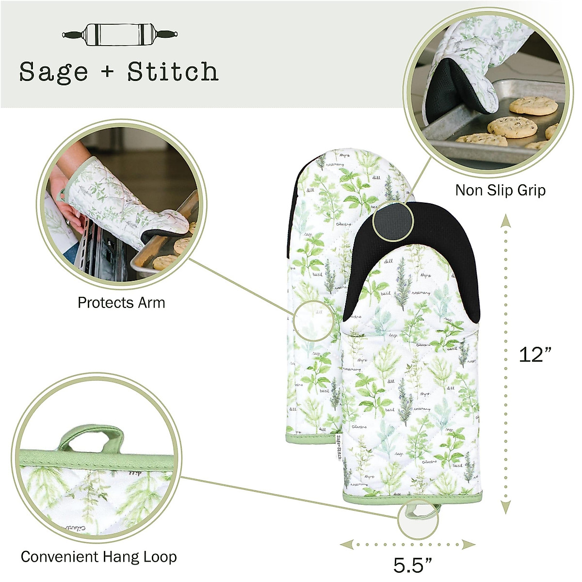Sage+Stitch Oven Mitts and Pot Holders 4 Piece Set | Heat Resistant Gloves | Accessories for Kitchen and Baking | Green Herb Design