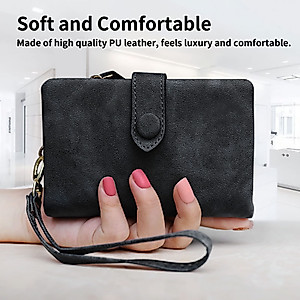 CONISY Small Wallets for Women, Soft Leather Multi Card Holder RFID Blocking Womens Wallet with Wristlet Zipper Coin Pocket (Black)